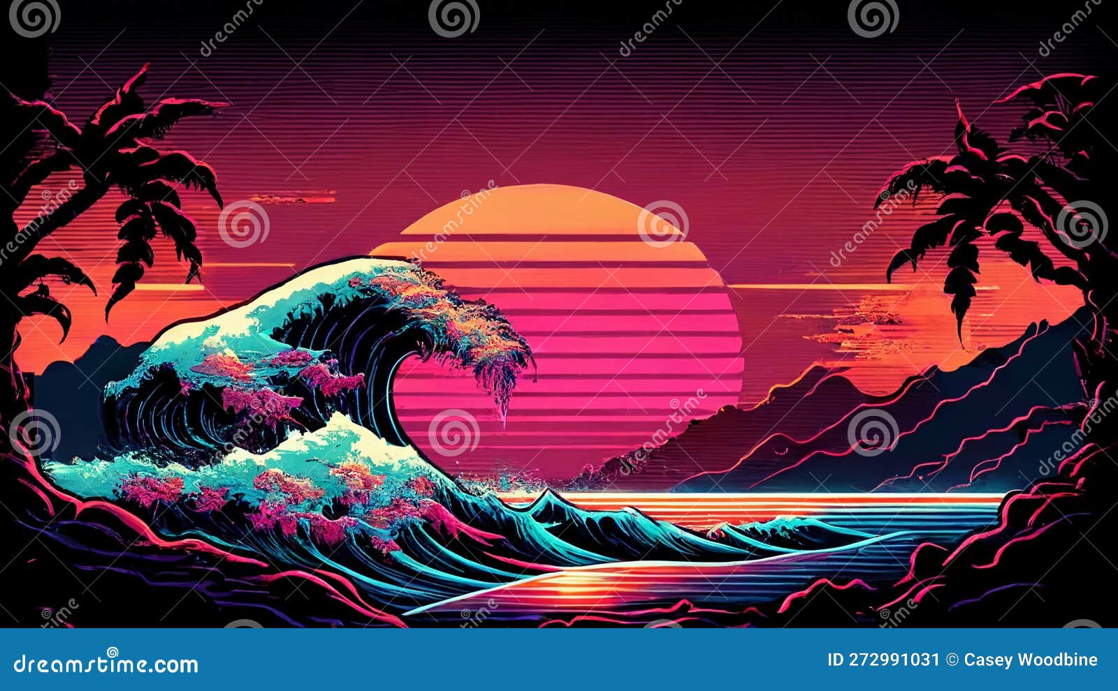 Synthwave Sunset 80s Retro Beach Landscape with Arching Wave Stock ...