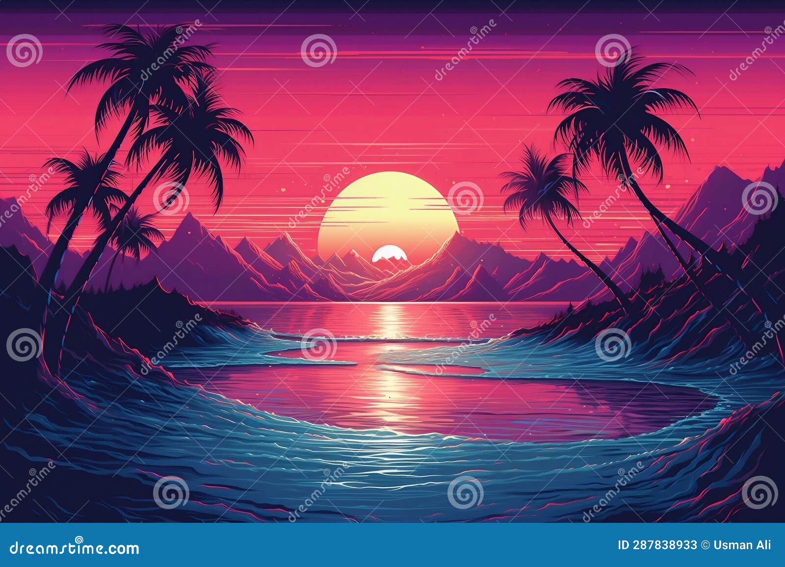Synthwave Sunset: 80 S Retro Landscape with Ocean Wave in Vibrant ...