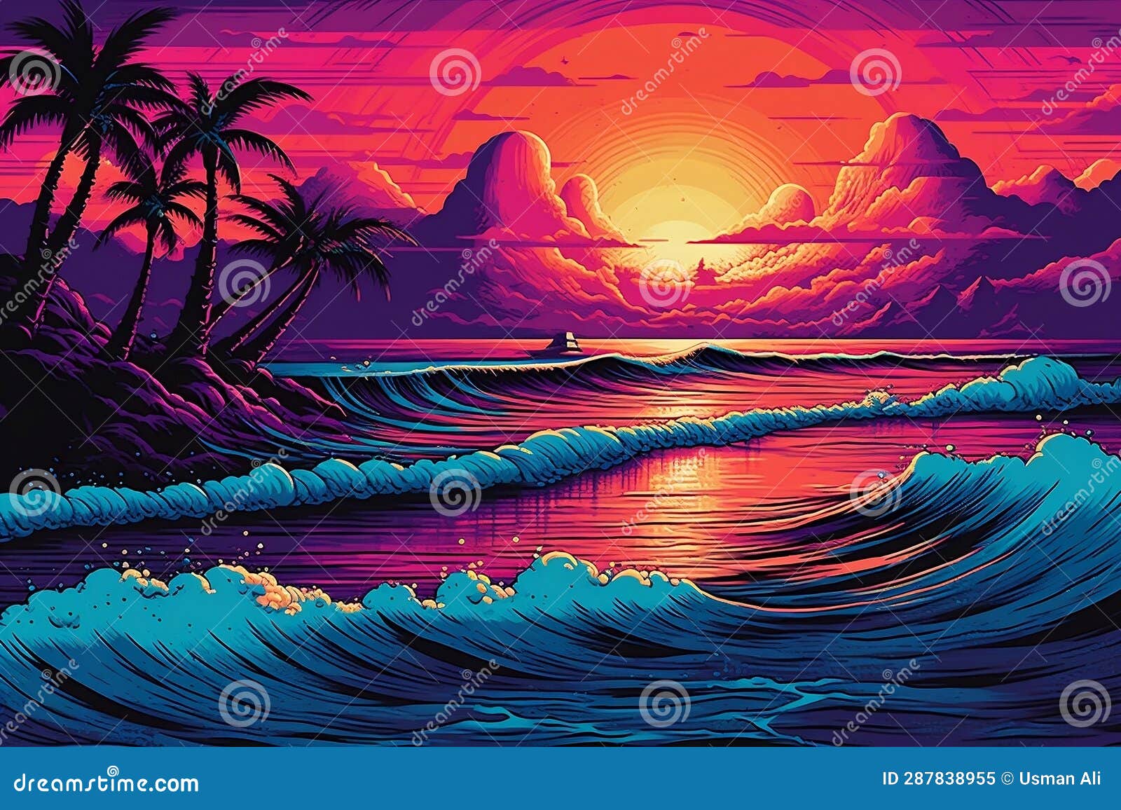 Synthwave Sunset: 80 S Retro Landscape with Ocean Wave in Vibrant ...