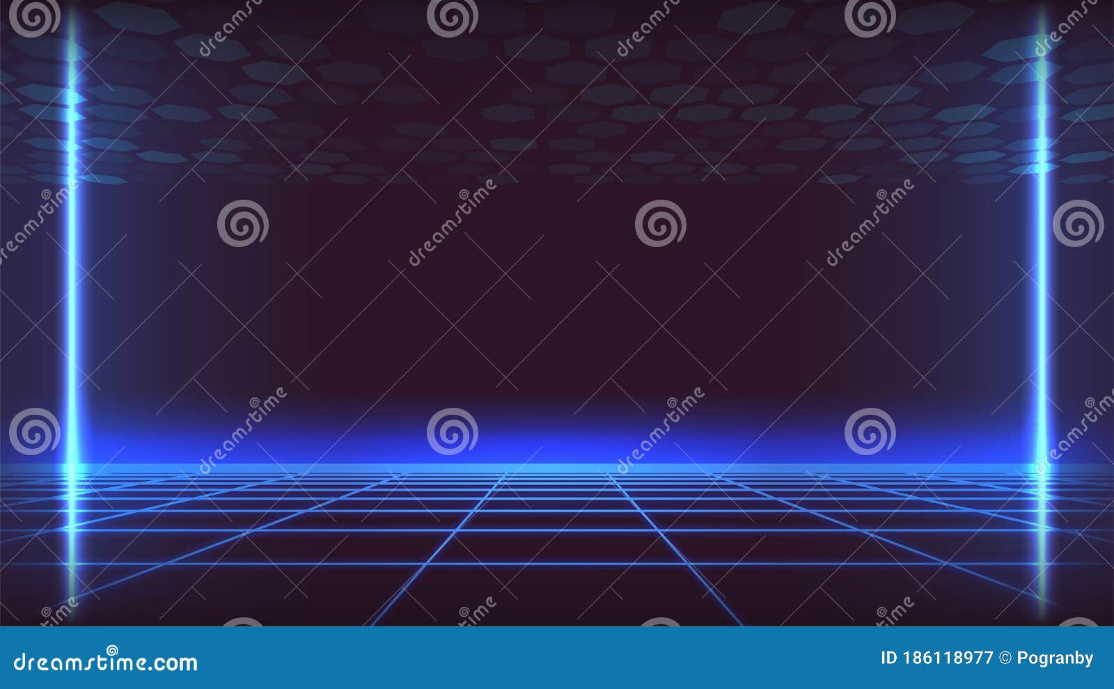 Synthwave Template Background. Perspective Grid with Blue Neon Light ...