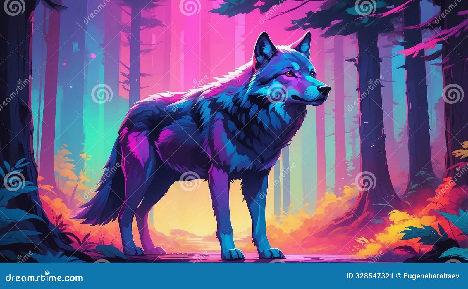 Synthwave Wolf Stands in Forest with Vibrant, Neon-colored Trees ...