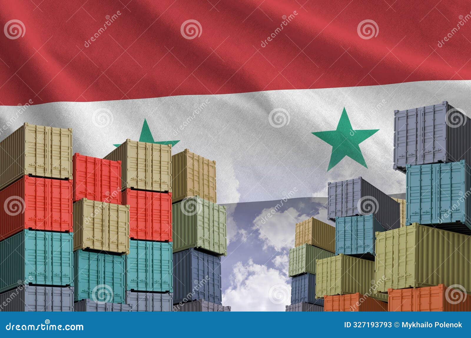 Syria Flag and Big Stack of Shipping Cargo Containers in Docks with Sky ...