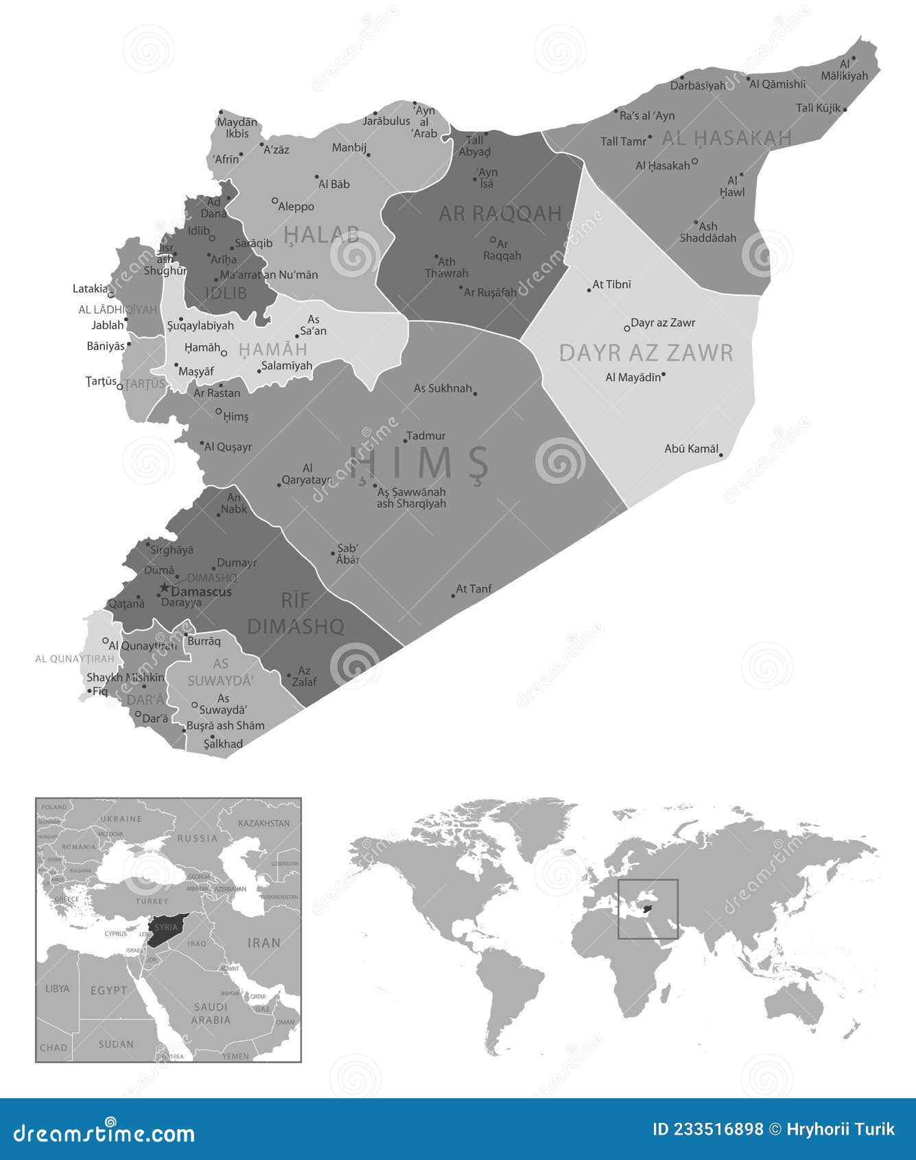 Syria - Highly Detailed Black and White Map. Stock Vector ...