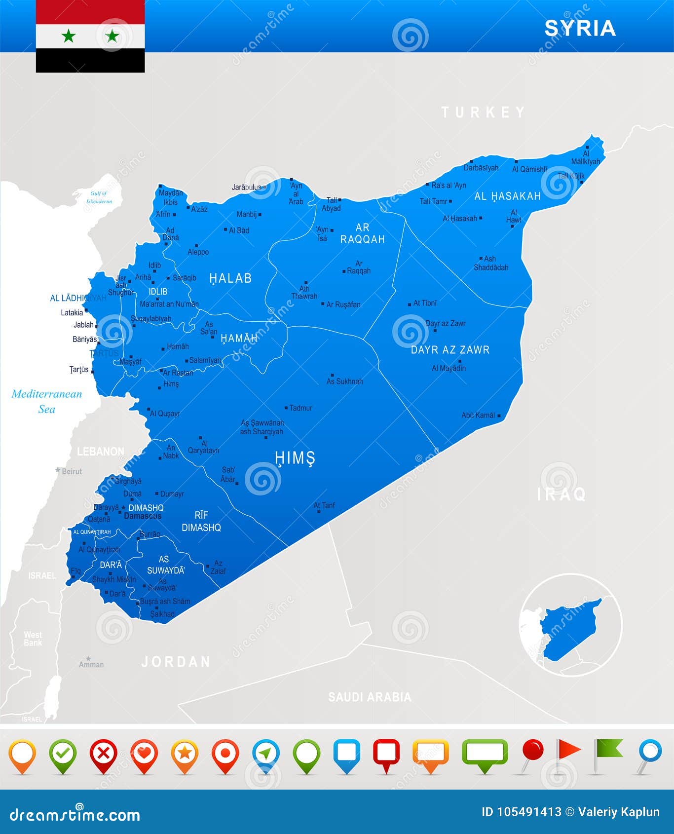 Syria - Map, Flag and Navigation Icons - Detailed Vector Illustration ...
