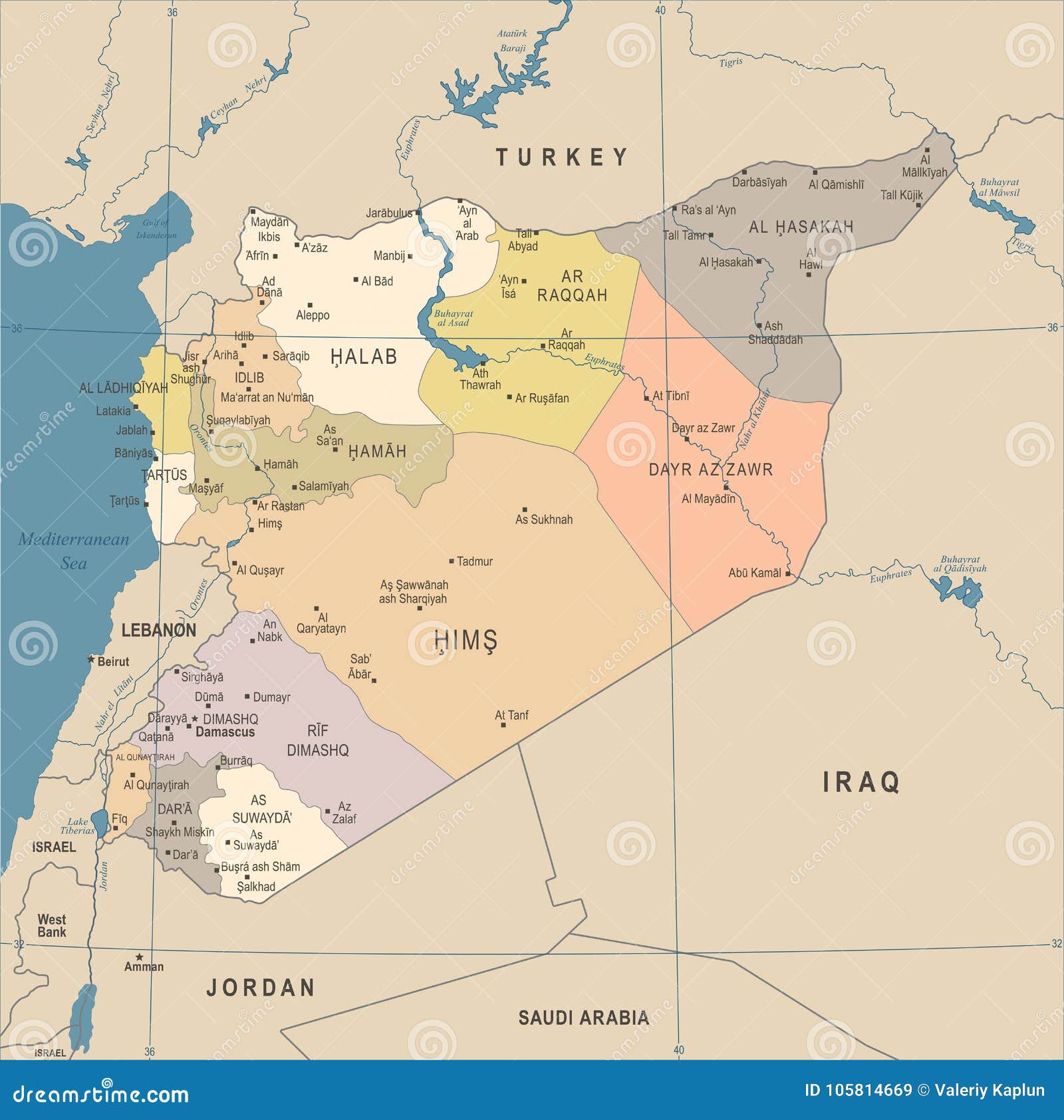 Syria Map - Vintage Detailed Vector Illustration Stock Illustration ...