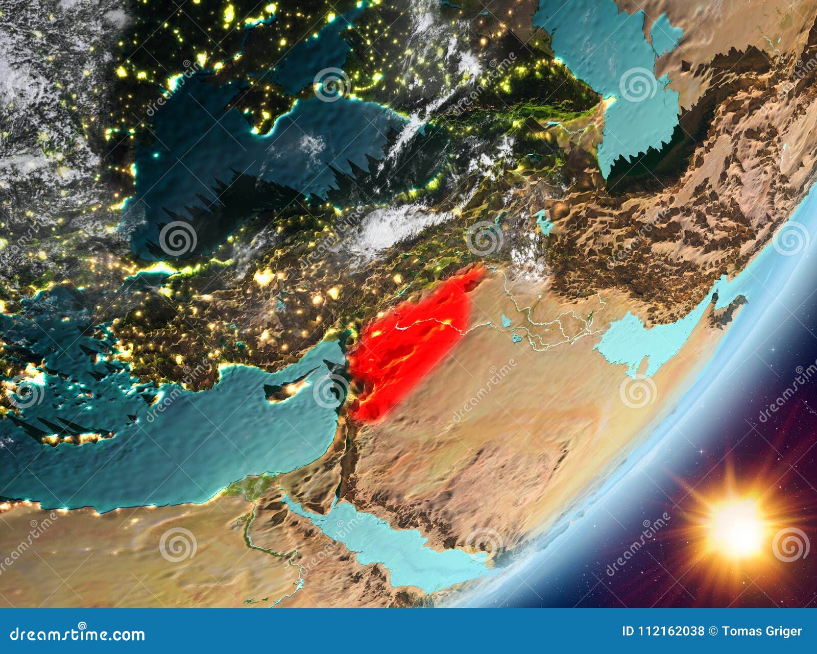 Orbit View of Syria during Sunrise Stock Illustration - Illustration of ...
