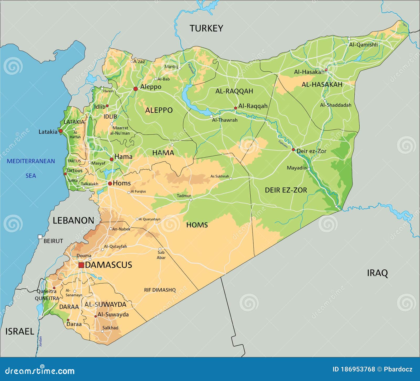 Syria Map, Rivers, Roads And Cities. Stock Photo | CartoonDealer.com ...