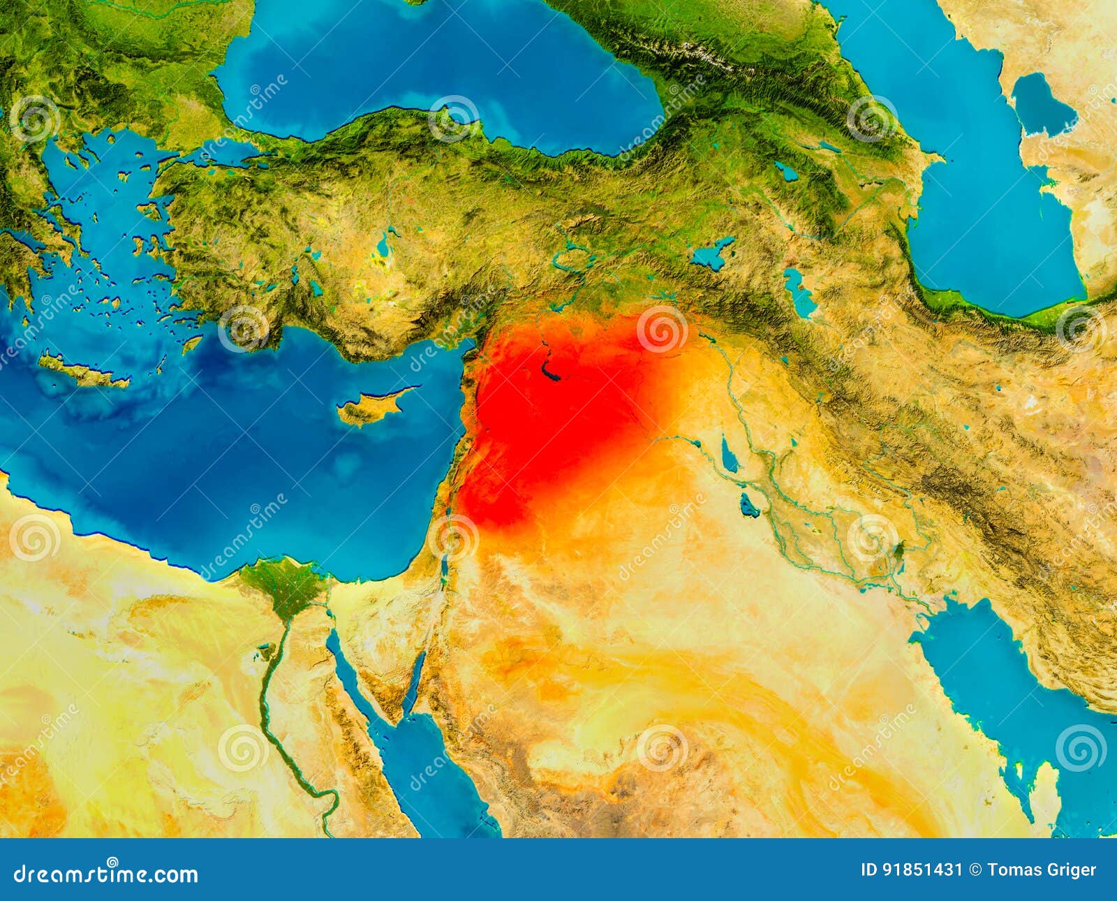 Syria on physical map stock illustration. Illustration of render - 91851431