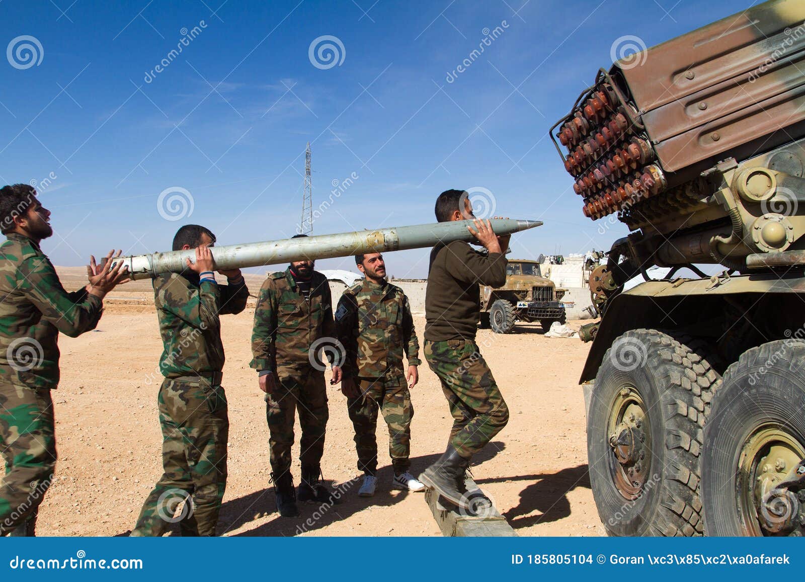 Syrian Army Soldiers are Loading Rocket in a Multiple Rocket Launcher ...