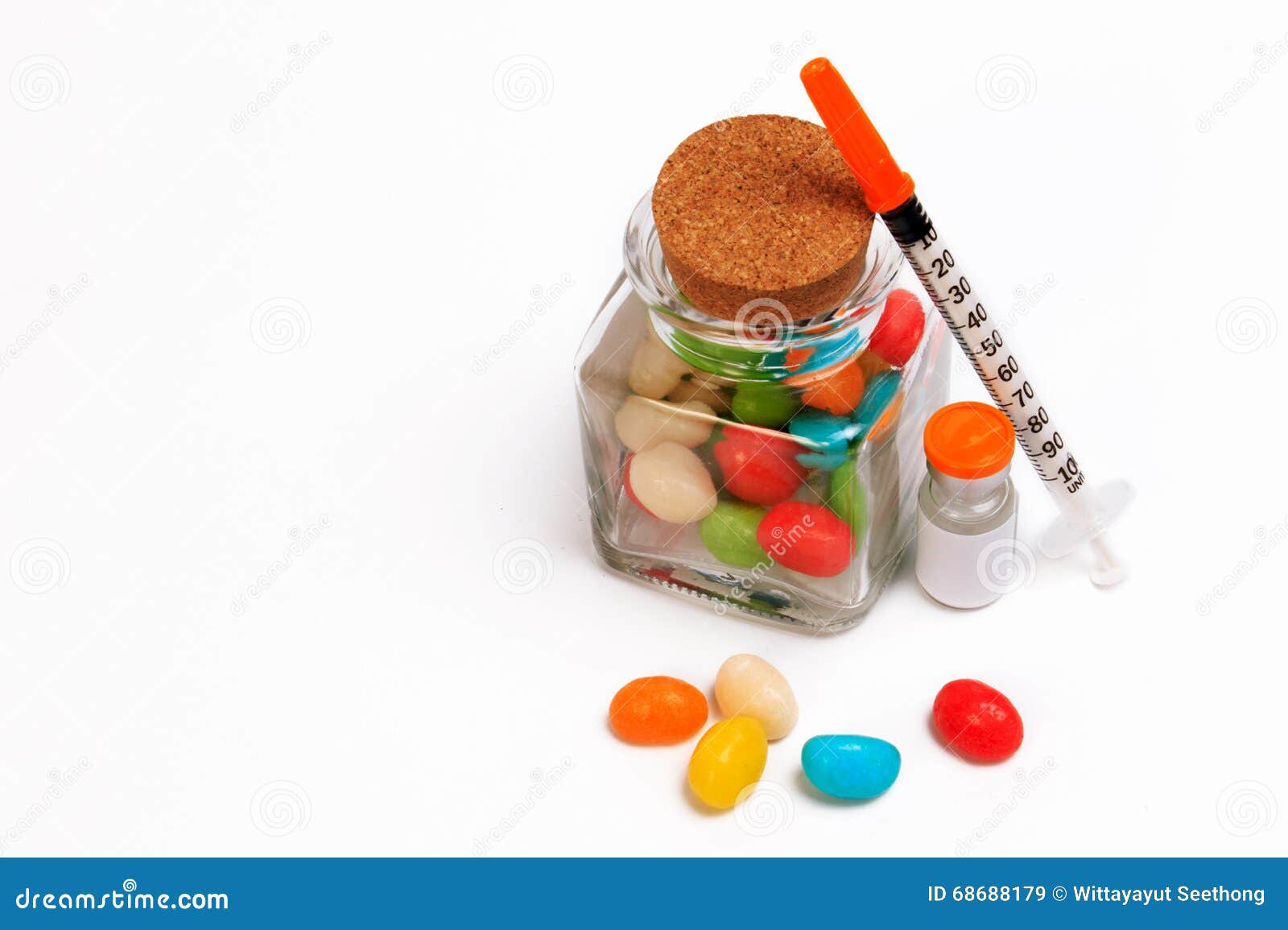 A Syringe and Candy Bottle Isolate on White Background. Stock Image ...