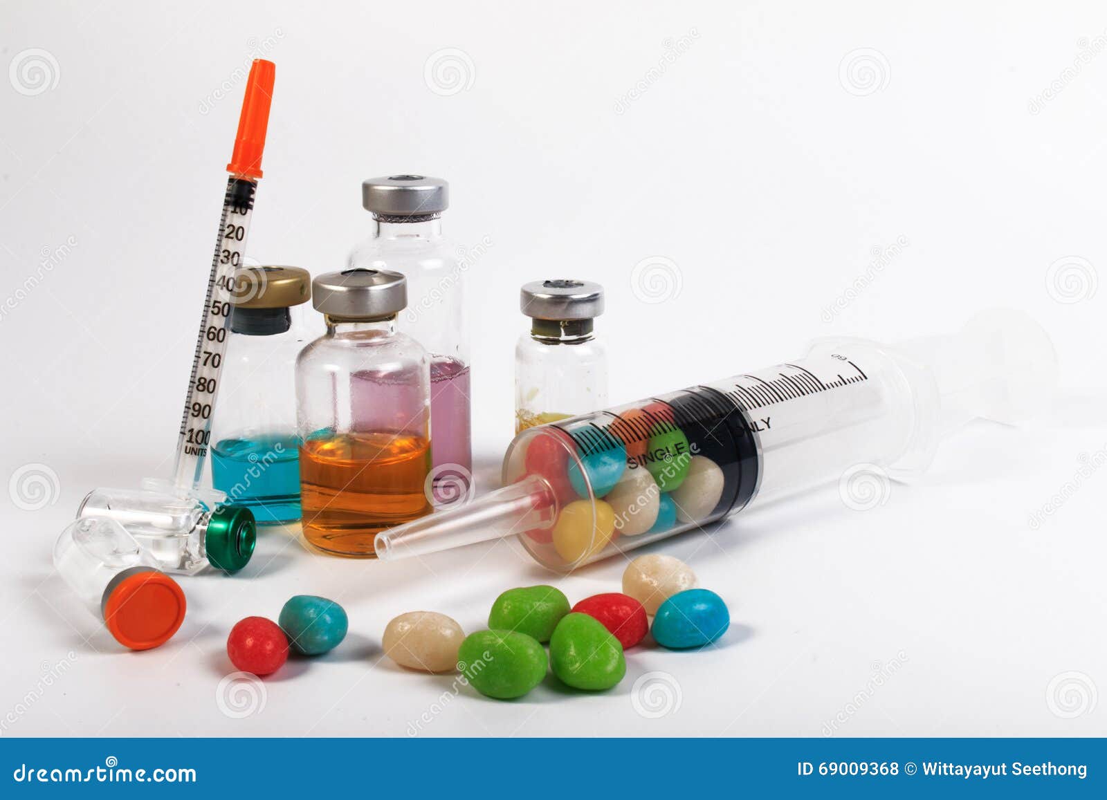 A Syringe and Candy Bottle. Stock Photo - Image of large, injection ...