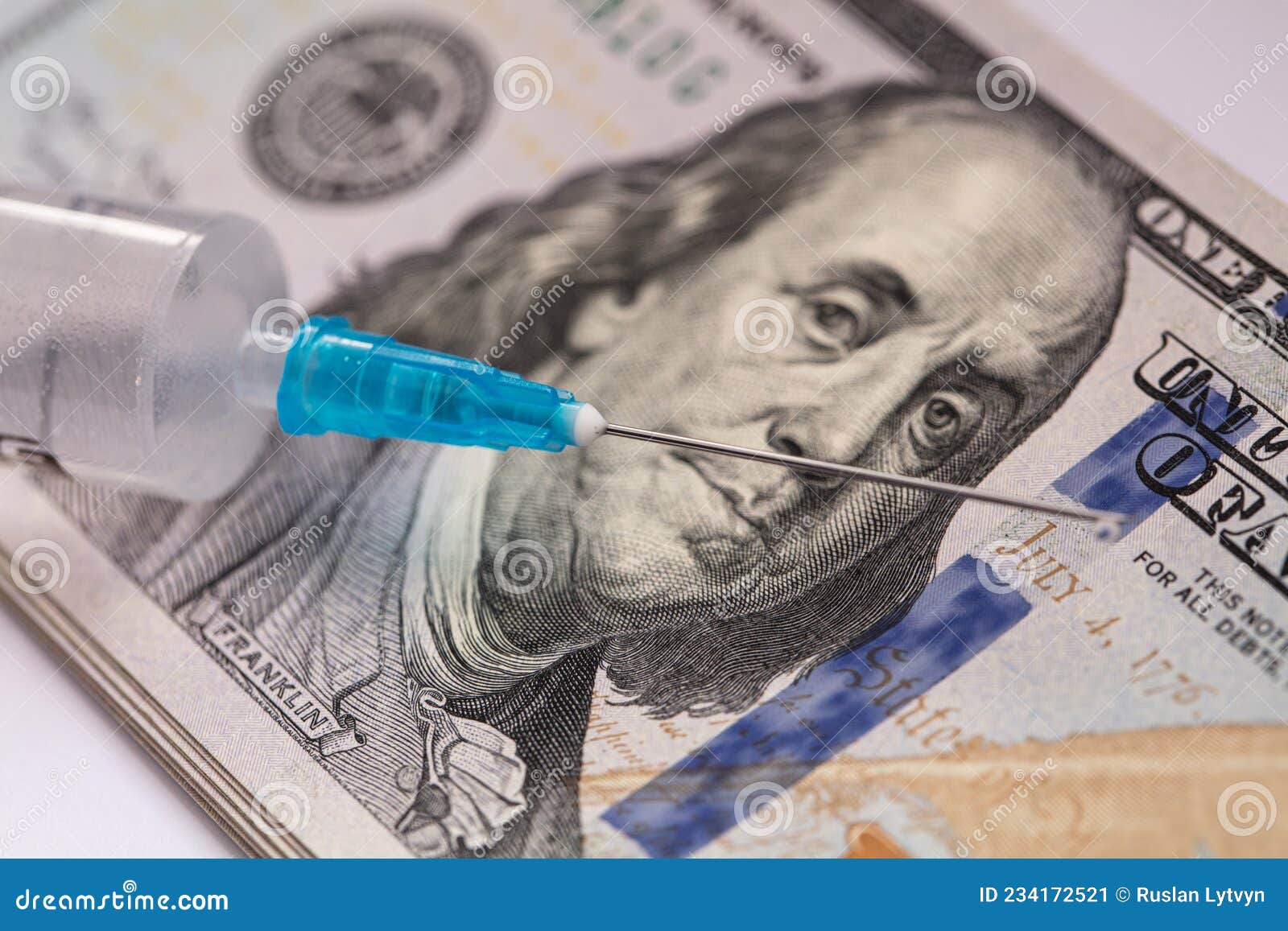 Syringe on 100 Dollar Banknote Stock Image - Image of clinic, drug ...