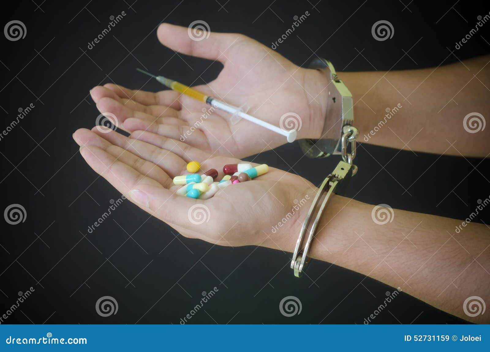 Syringe and Drug in Hand and Handcuffs Stock Image - Image of addict ...