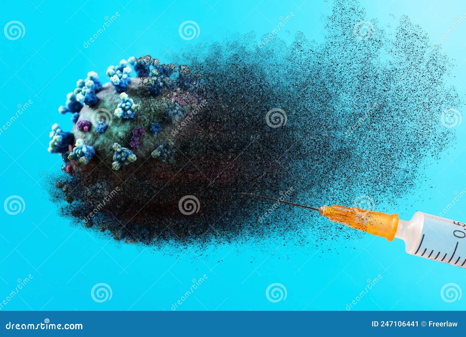 Syringe & an Exploding Coronavirus on Blue Background Stock Image ...