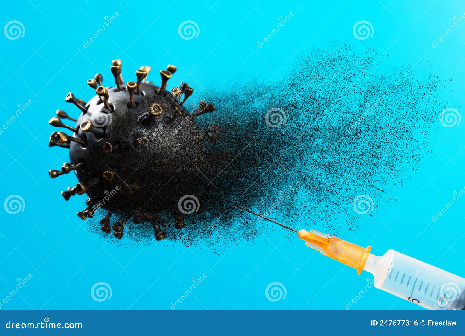 A Syringe and an Exploding Coronavirus on Blue Background Stock Photo ...