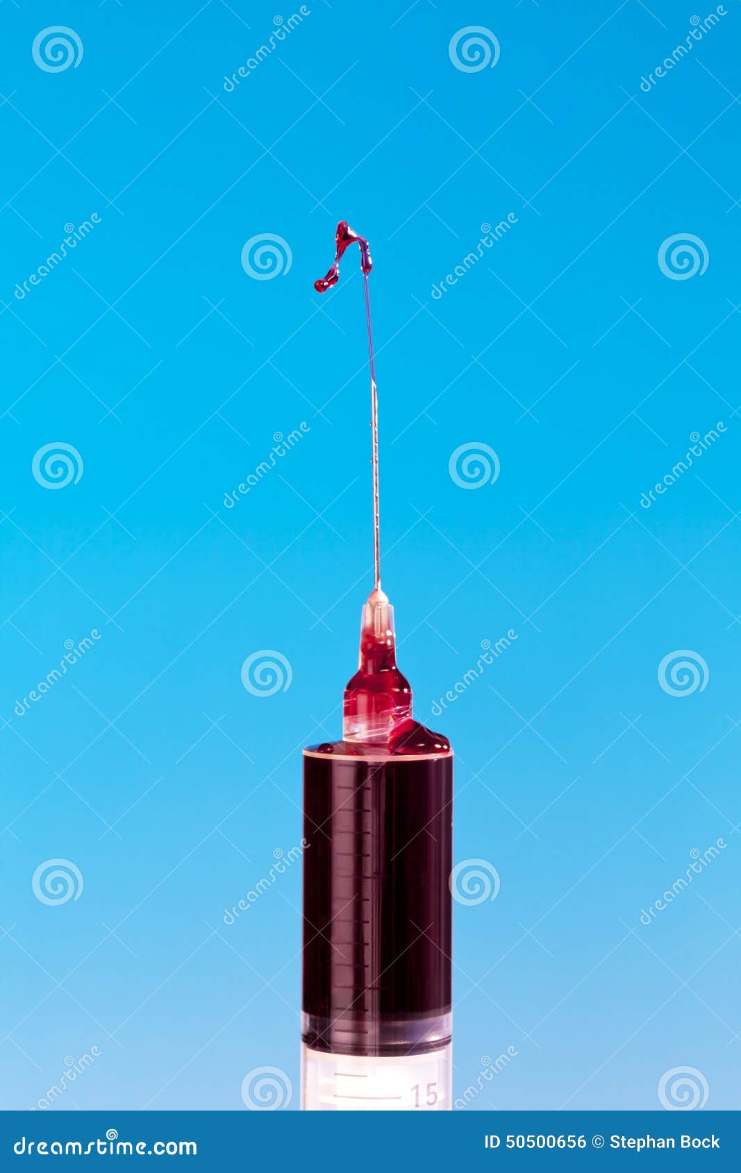 Syringe Filled with Blood Sample Drop at Needle S Top Blue Background ...