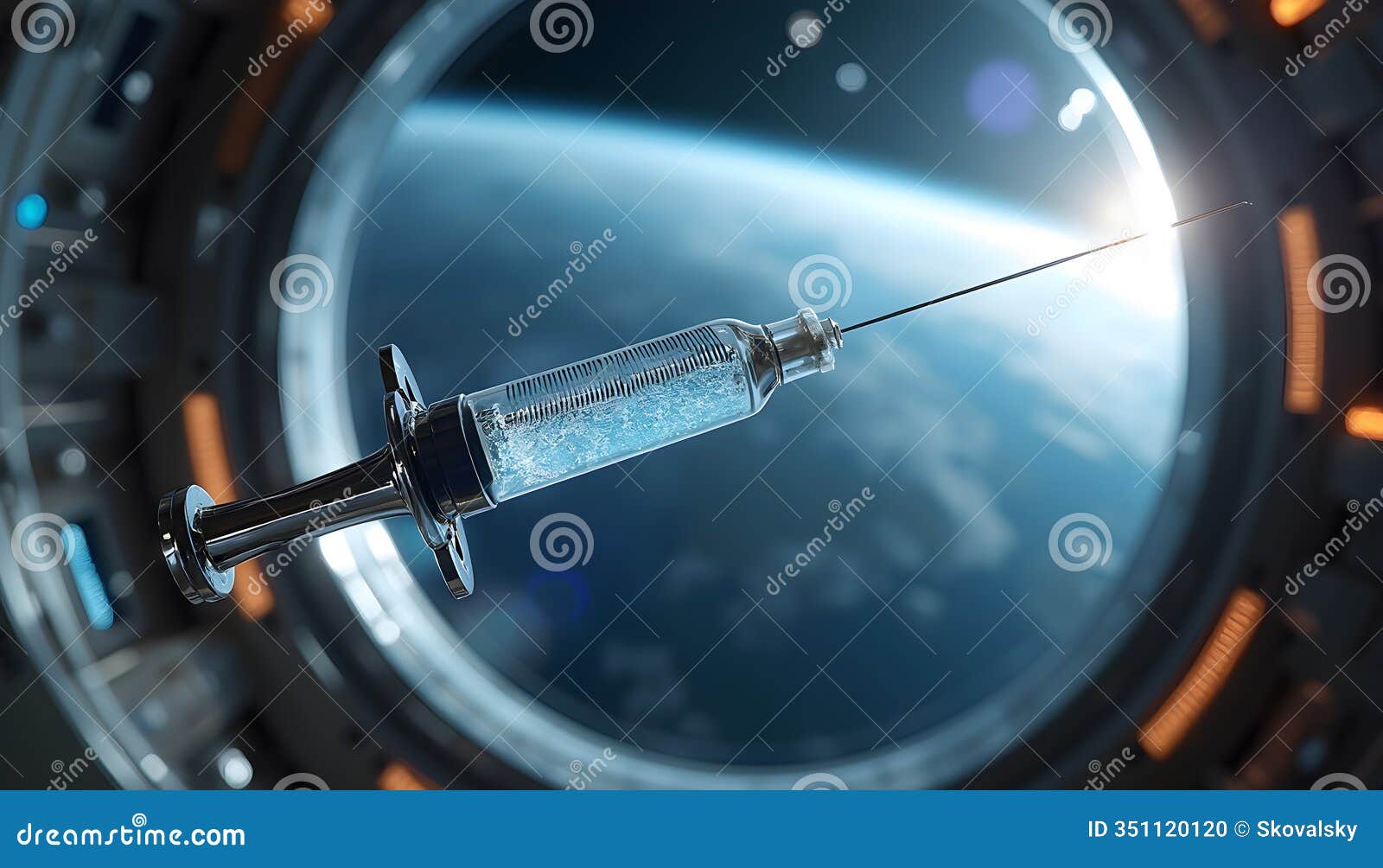 Syringe Floating in Space with Earth Visible through a Window ...