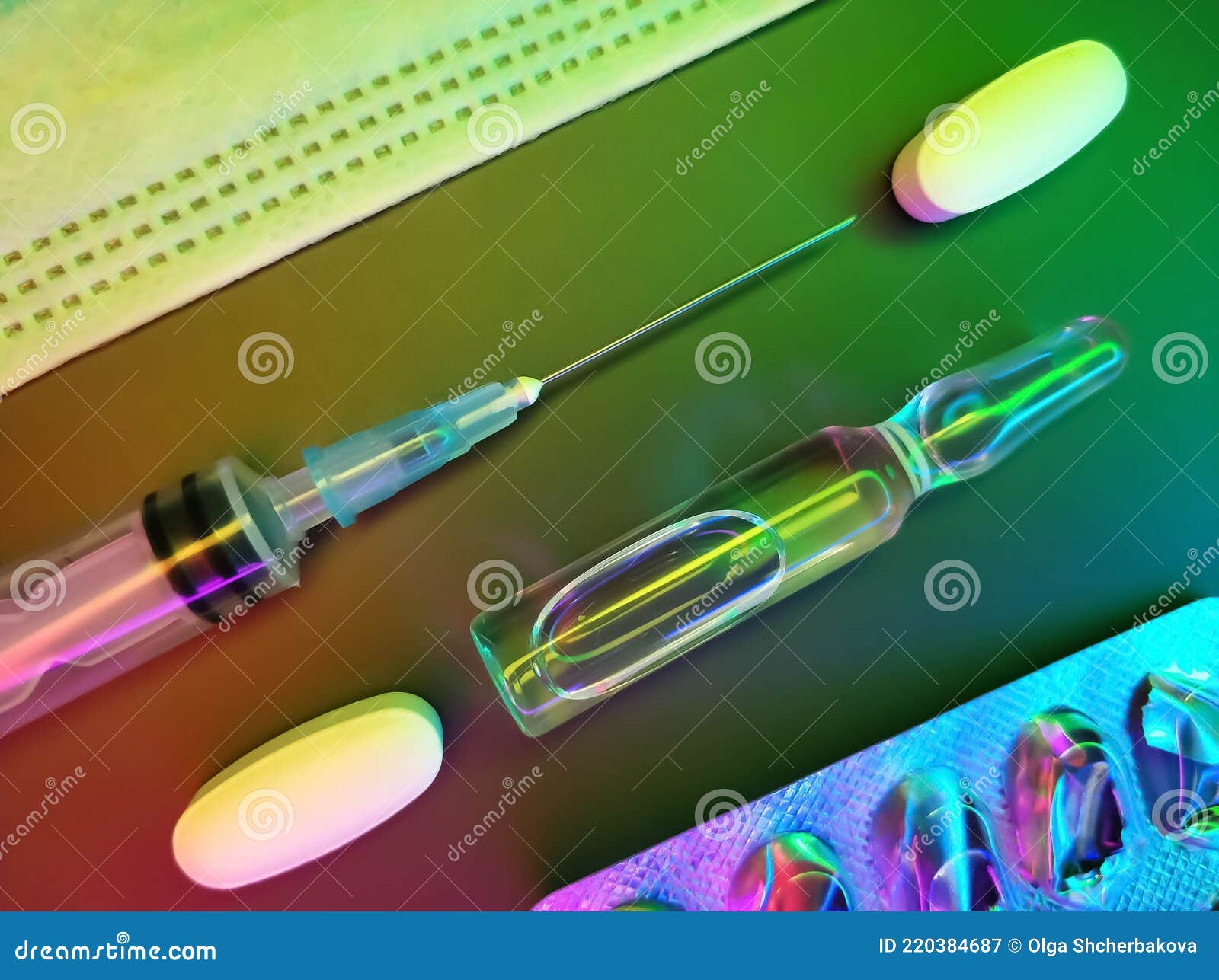 Syringe with Glass Ampoule Close Up in Rainbow Light Stock Image ...