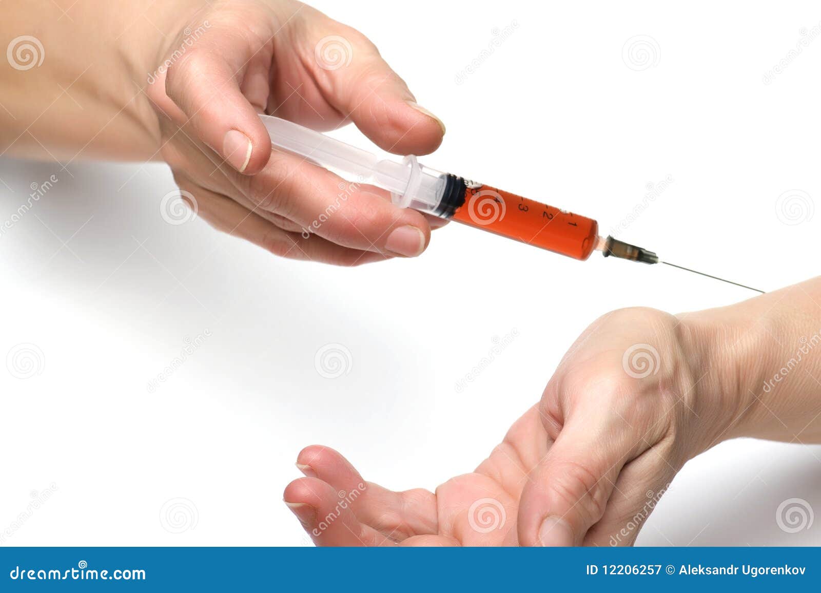 Syringe on hand closeup stock image. Image of science - 12206257