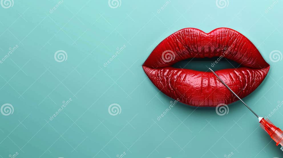 Syringe Injecting Botox into Human Lips on Blue Background, Top View ...