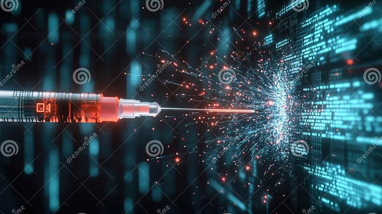 Syringe Injecting Data Stream into Digital Code on Computer Screen ...