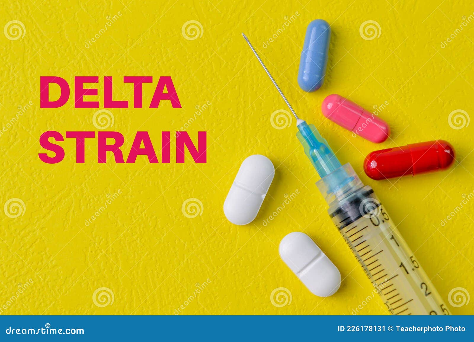 Syringe Injection and Pill Capsules on Yellow Background with Text ...