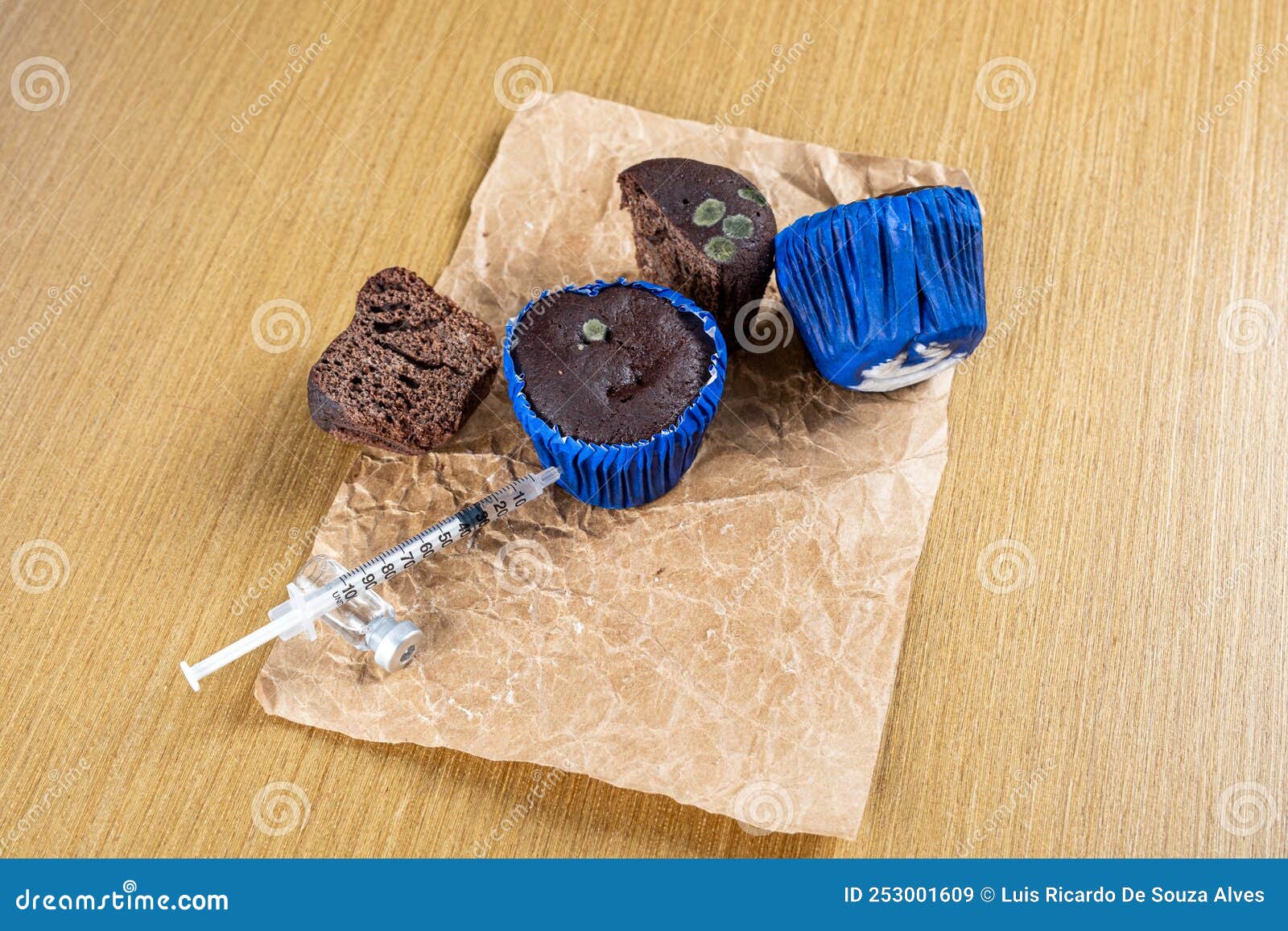 Syringe Injecting Insulin into Moldy Chocolate Muffin Stock Image ...
