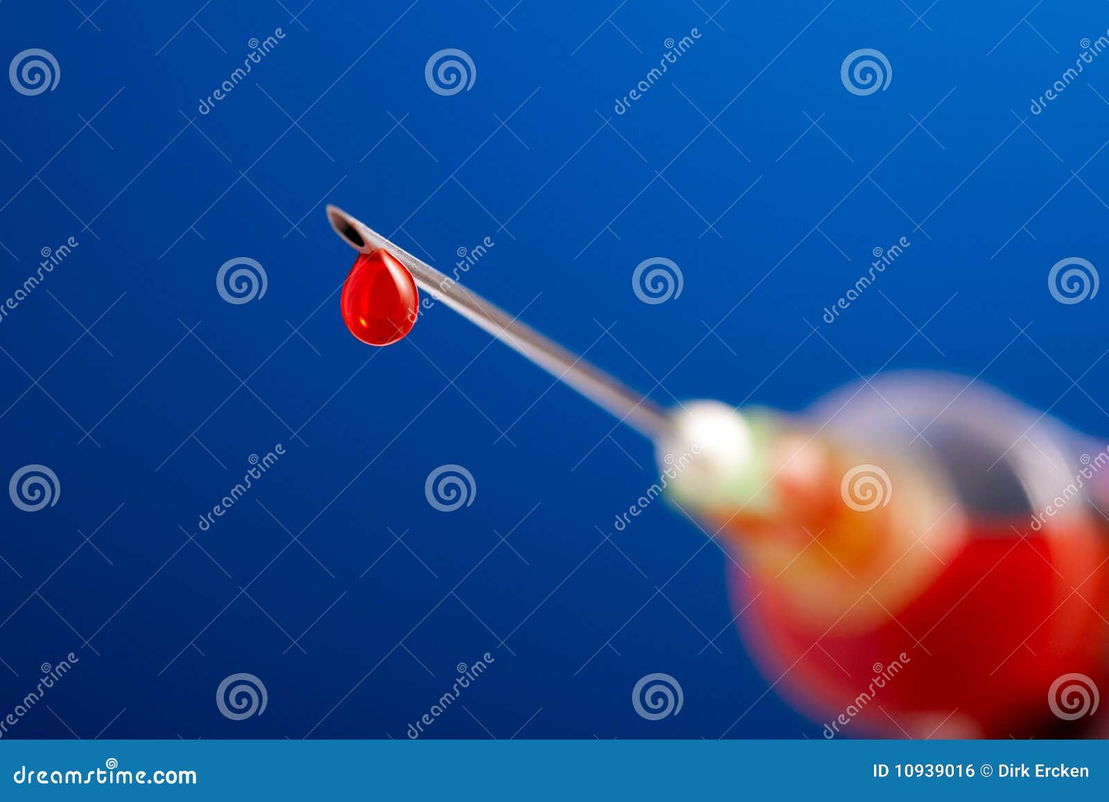 Syringe Needle with Droplet of Blood Red on Blue Stock Photo - Image of ...