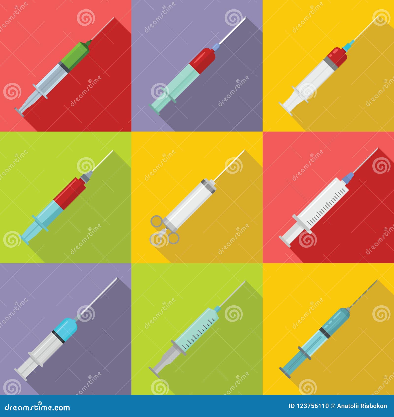 Syringe Needle Injection Icons Set, Flat Style Stock Illustration ...