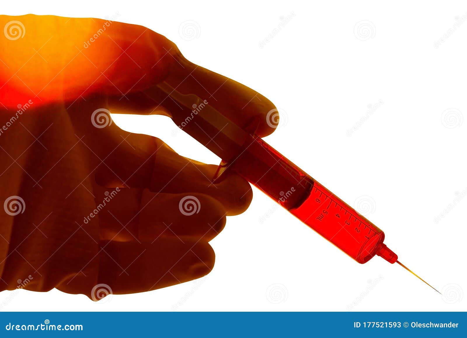 Syringe with Red Liquid Held in a Gloved Hand. Close Up Backlit ...
