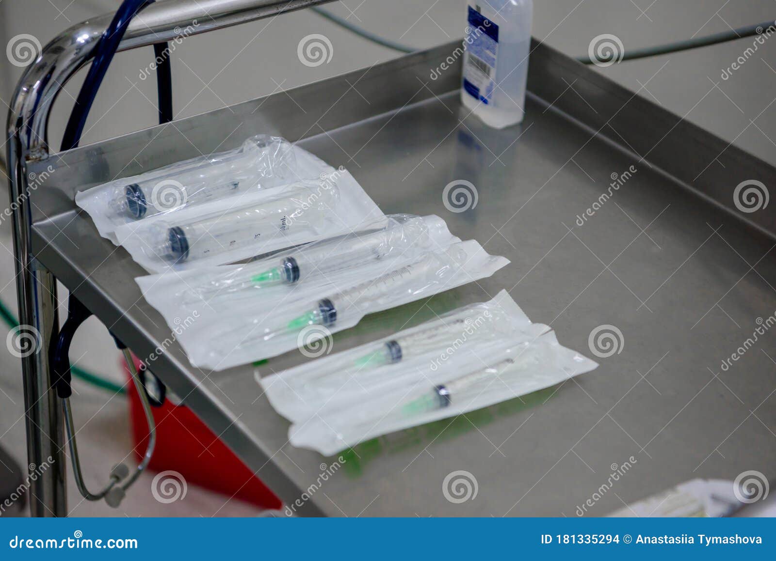 Syringes in Packaging on a Metal Table in the Operating Room Stock ...