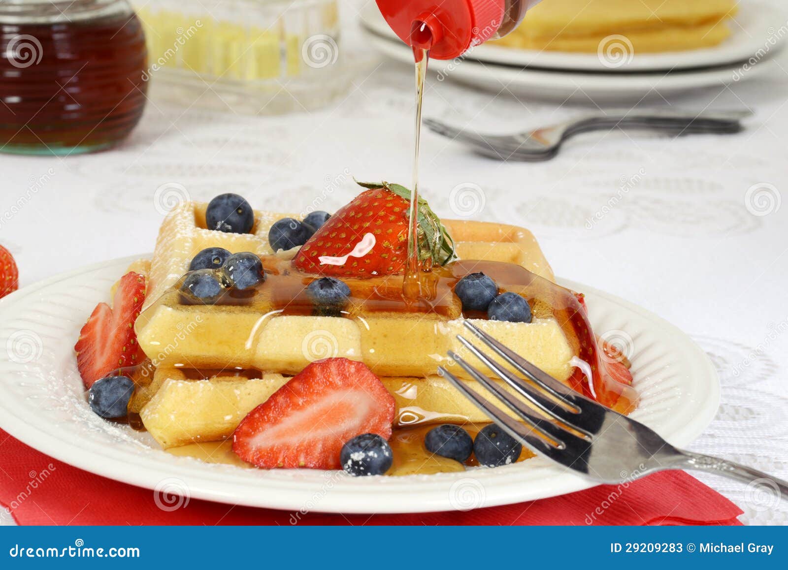 Syrup Poured on Fruit Waffles Stock Image - Image of dessert ...