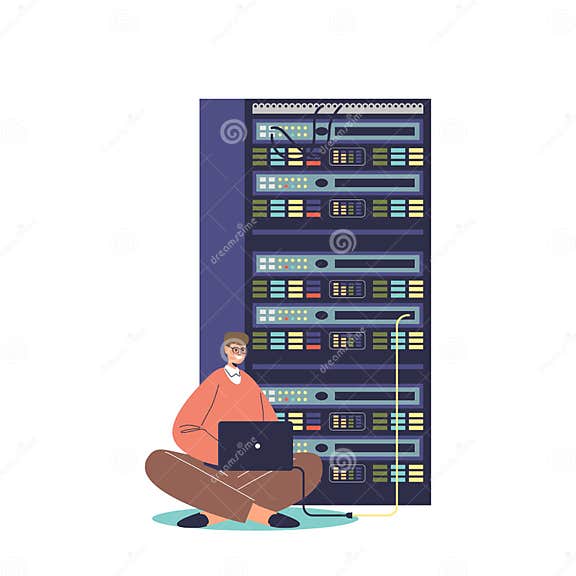 Sysadmin Repairing and Adjusting Network Connection. System Administrator Working with Server ...
