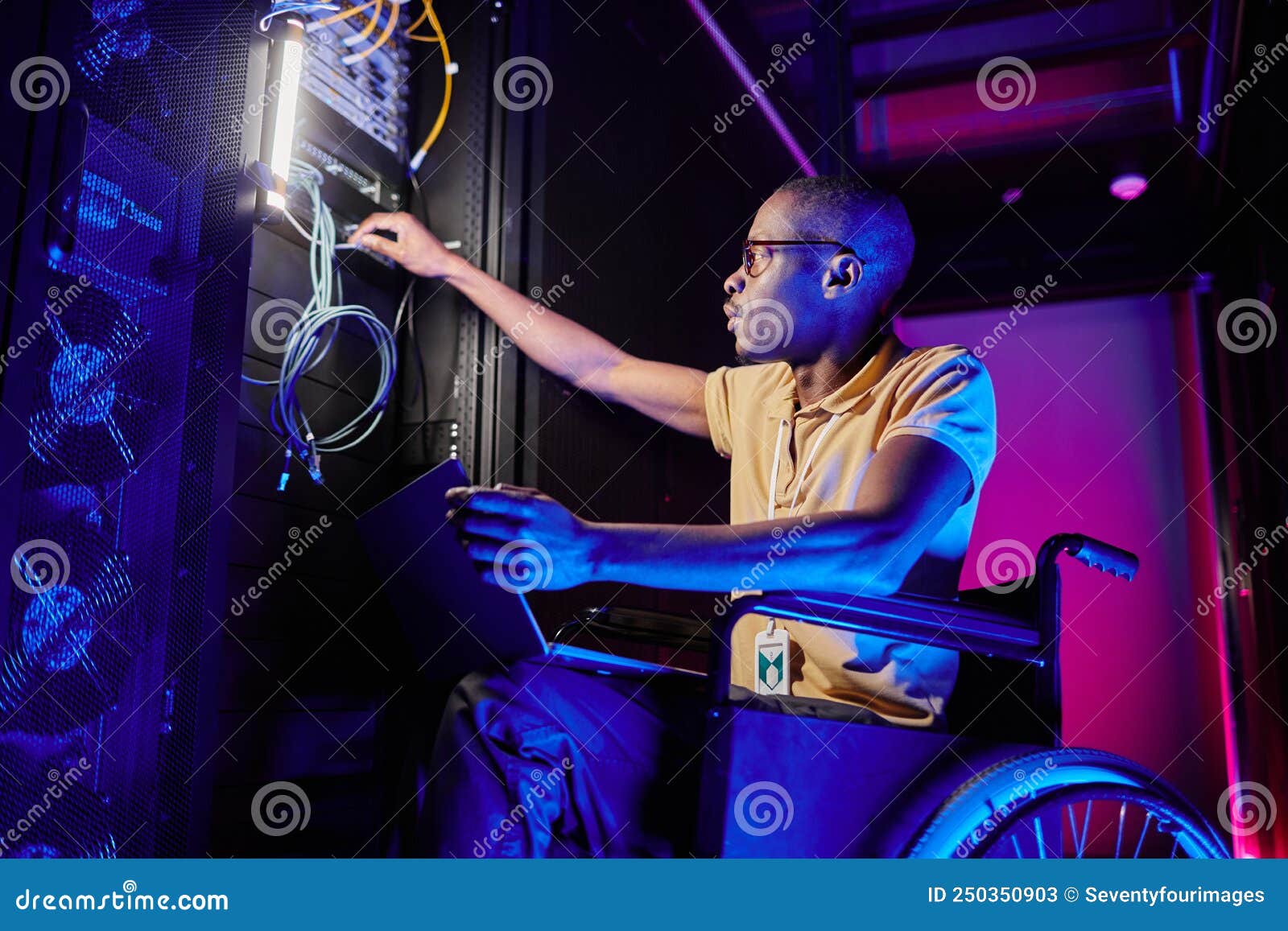 System Admin in Neon Server Room Stock Image - Image of communication ...