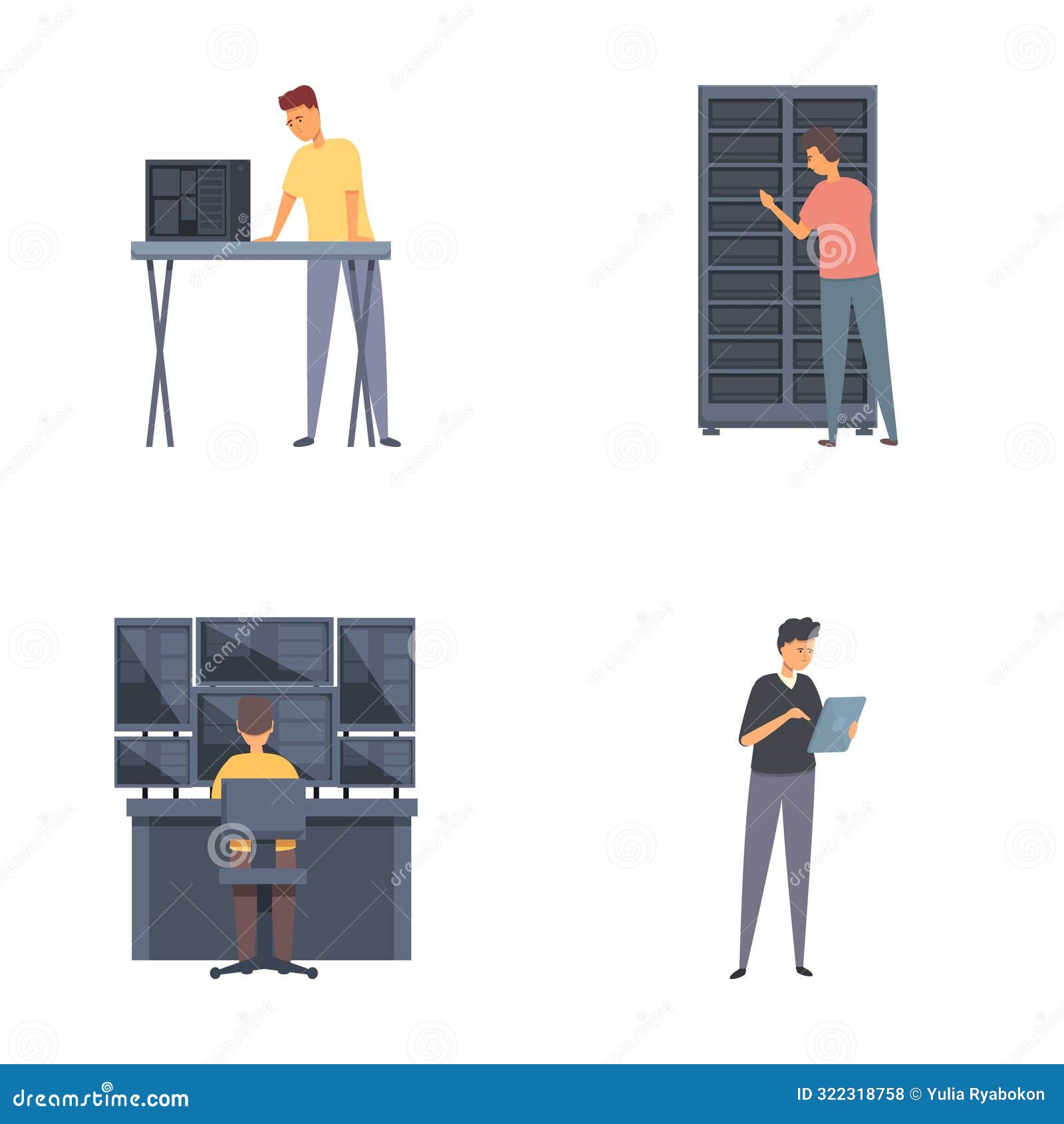 System Administration Icons Set Cartoon Vector. Man Adjusting Network ...