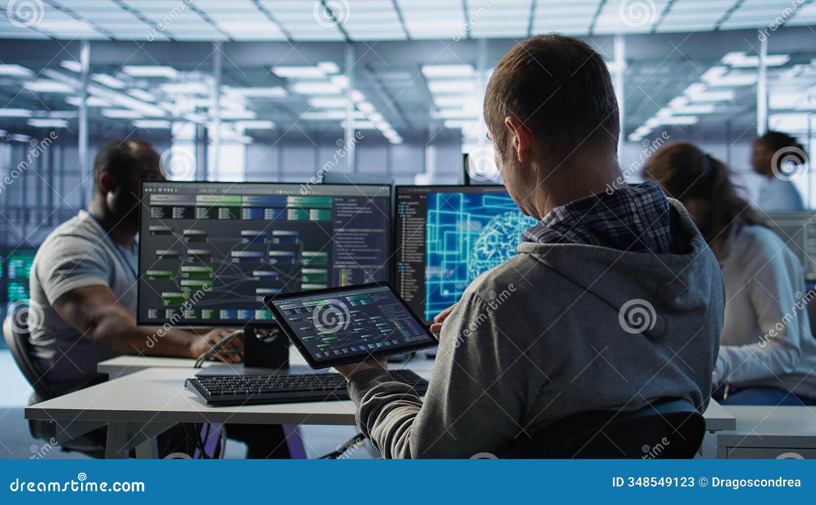 System Administrator In Data Center Solving Tasks On Tablet Stock Image Image Of Tasks