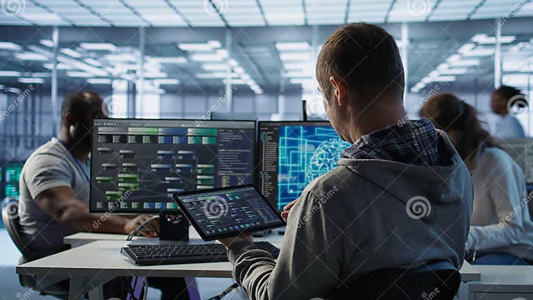 System Administrator in Data Center Solving Tasks on Tablet Stock Image ...