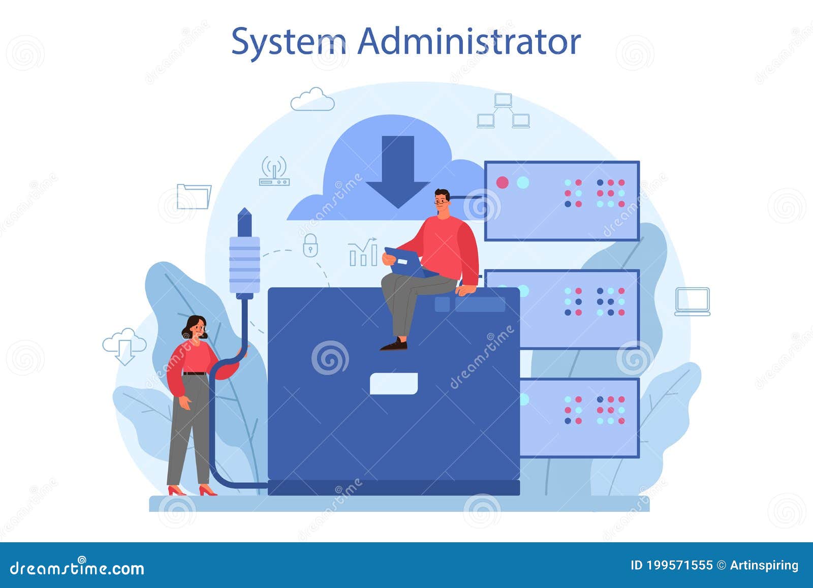 System Administrator. People Working on Computer and Doing Stock Vector ...