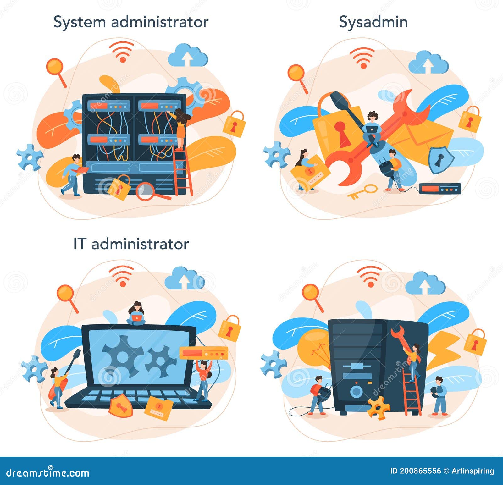 System Administrator Set. People Working on Computer and Doing Stock ...