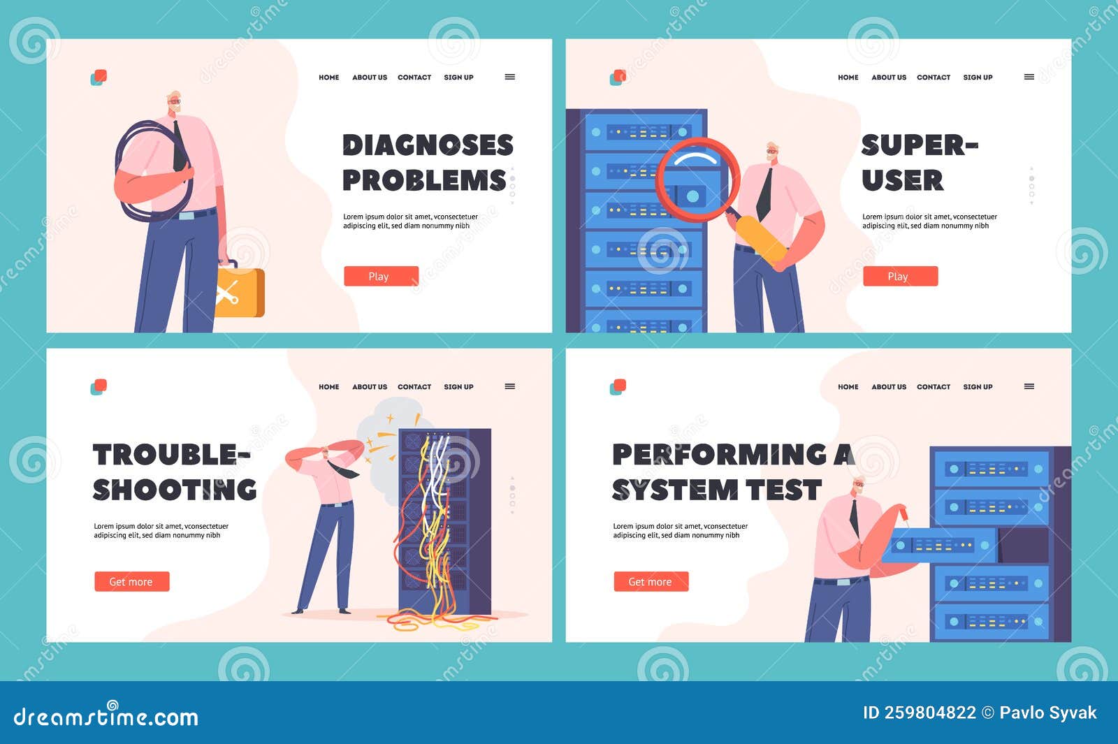 System Administrator Work Landing Page Template Set Sysadmin Character Work On Computer Doing