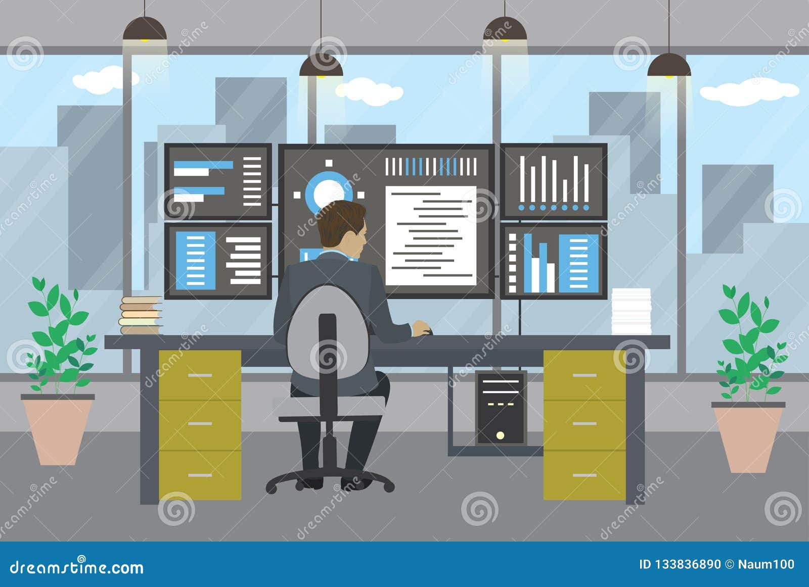 System Administrator Working in Modern Office Stock Vector ...