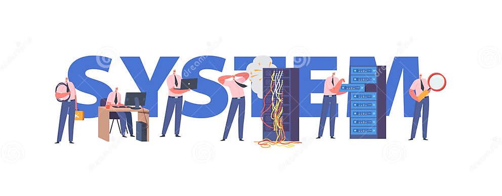 System Concept, Sysadmin Character Working on Computer, Doing Technical Work with Server Rack ...