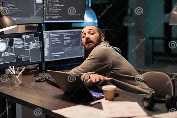 It System Engineer Coding Database On Multiple Monitors Stock Image Image Of Digital Code
