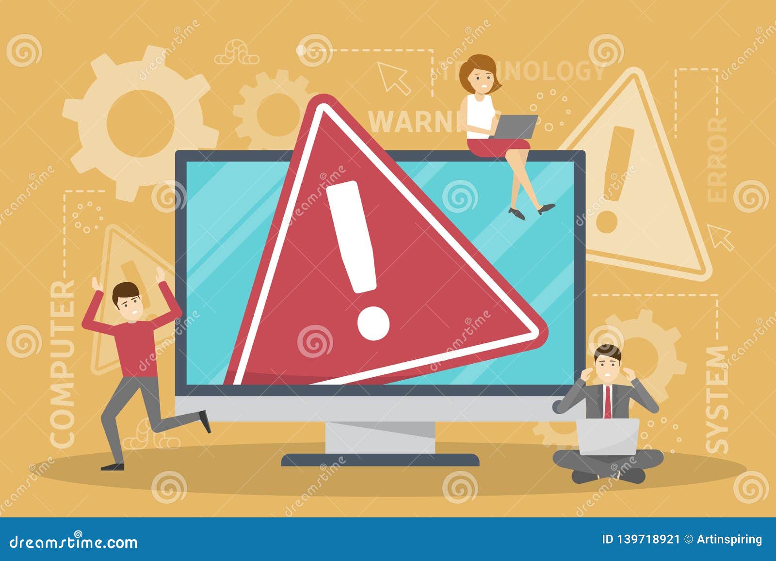 System Error. People Run in Panic from Computer Stock Vector ...