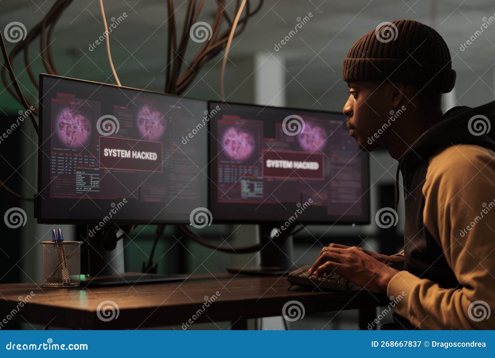 System Hacked by Professional Hacker Late at Night Stock Image - Image ...