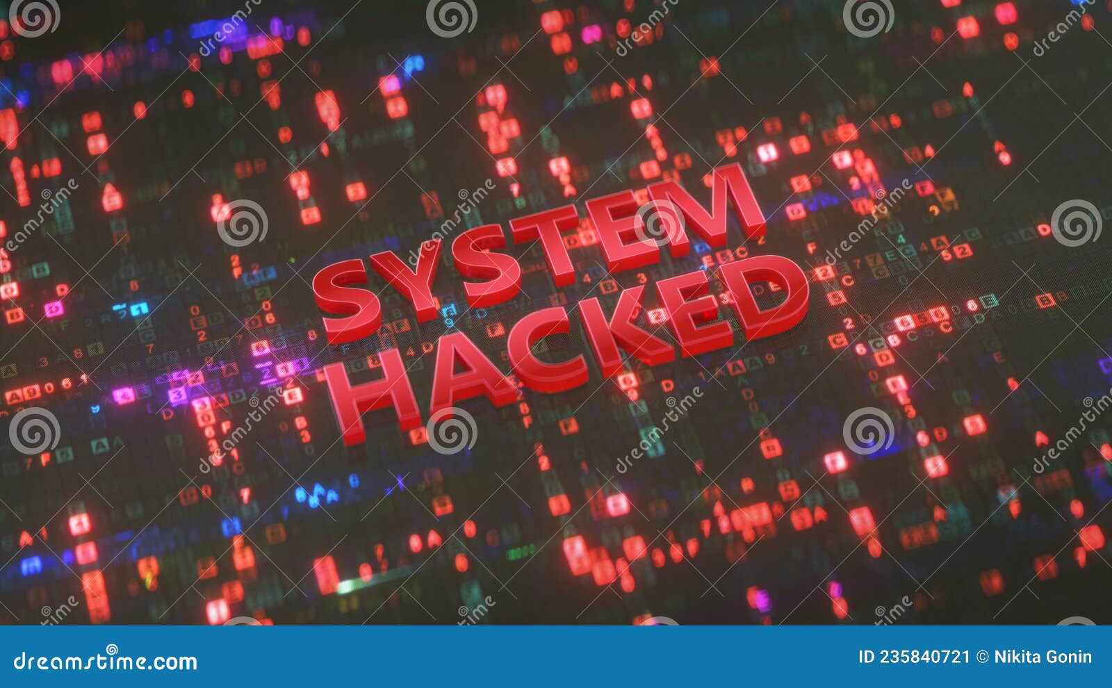 System Hacked Warning and Damaged Digital Code 3D Render Stock ...
