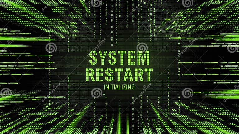 System Restart Text with Green Digital Binary Code Background ...