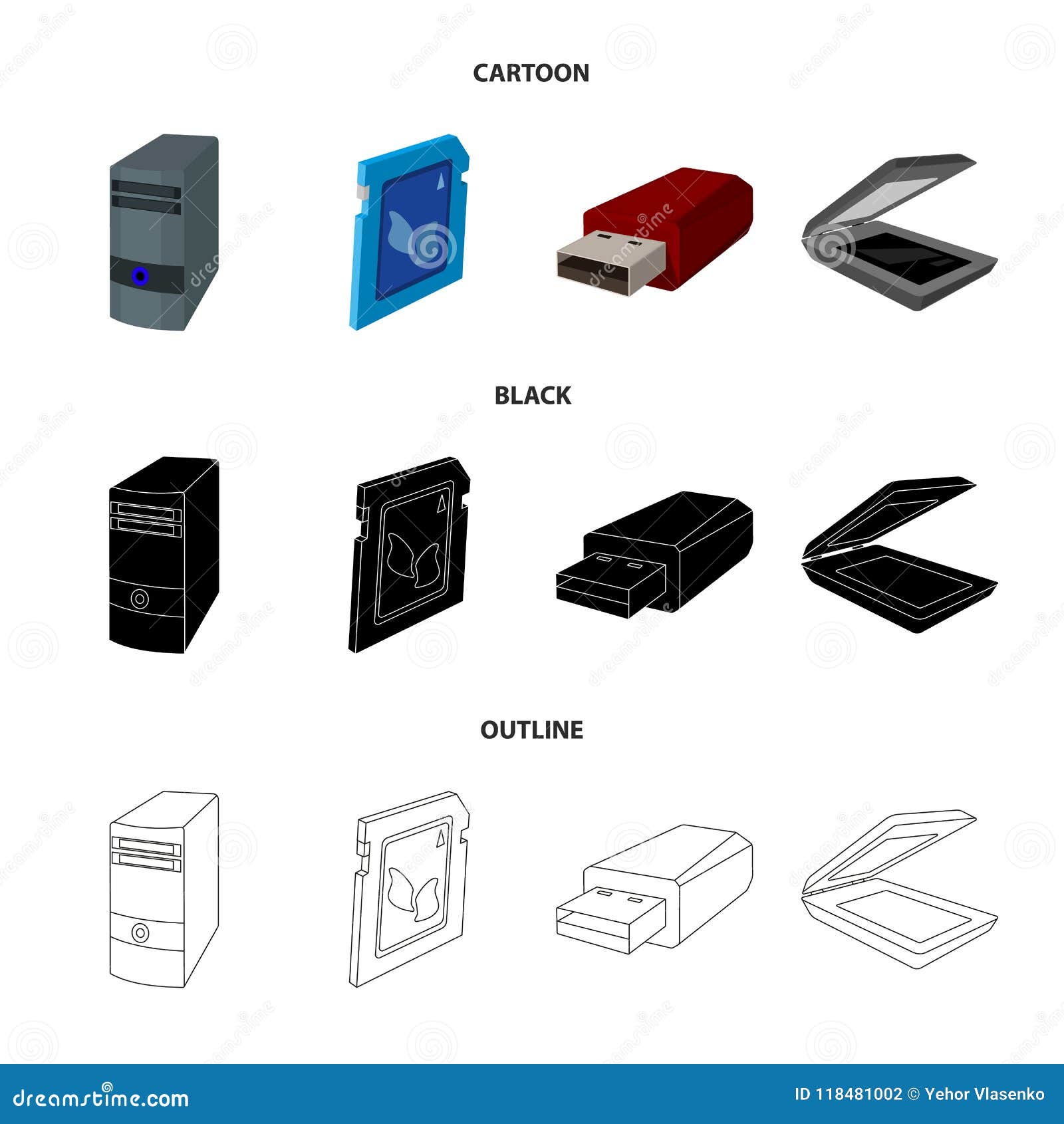 A System Unit, a Flash Drive, a Scanner and a SD Card. Personal ...