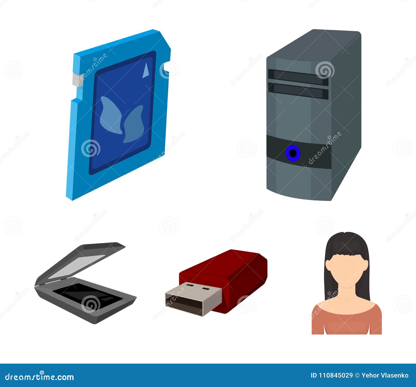 A System Unit, a Flash Drive, a Scanner and a SD Card. Personal ...