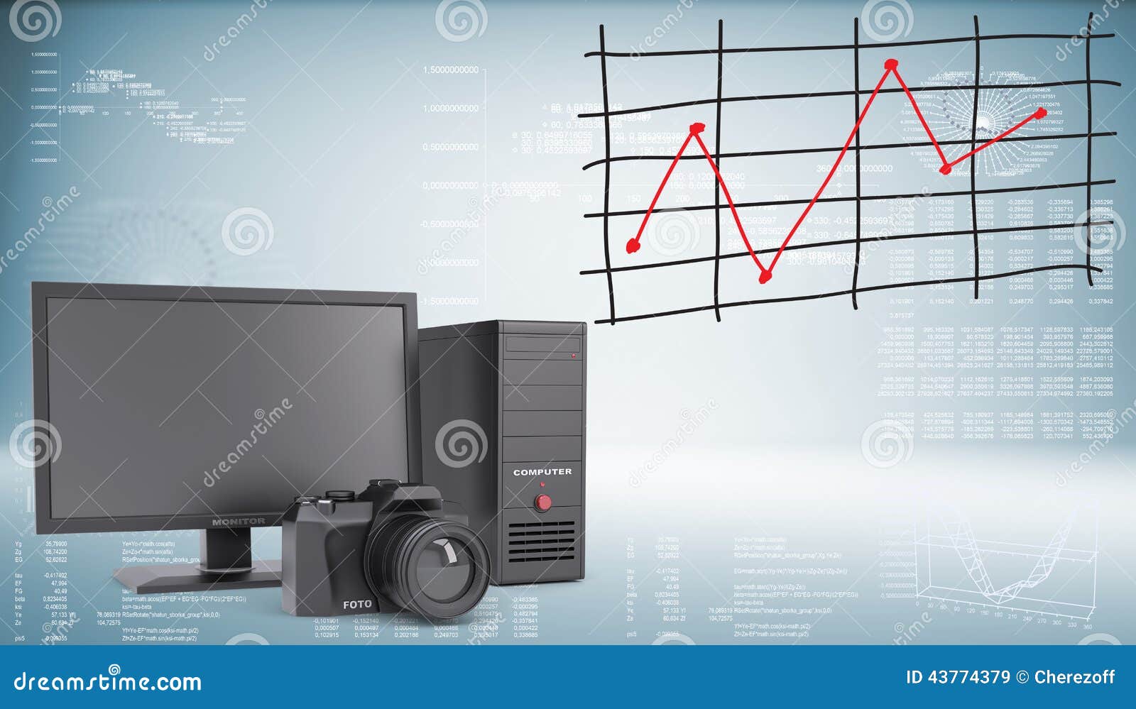 System Unit, Monitor, Camera and Graph of Price Stock Illustration ...